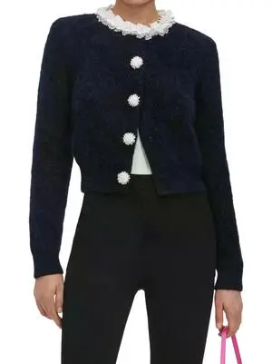 SELF-PORTRAIT Self-Portrait Navy Flower Pearl-Trim Knit Jumper