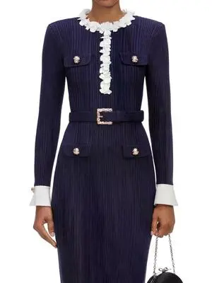 SELF-PORTRAIT Navy Flower Rib-knit Midi Dress - Blue