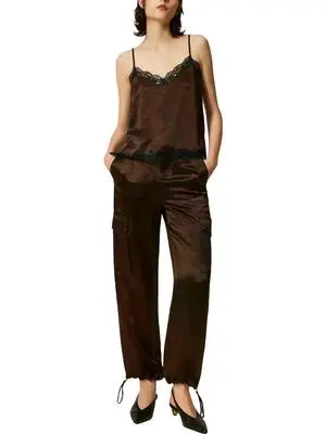 TWINSET Froissé Satin Cargo Trousers - Brown