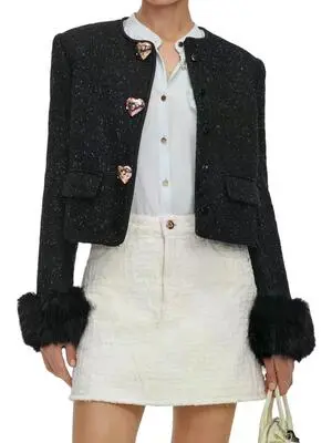 SELF-PORTRAIT Metallic Boucle Jacket With Faux Fur Cuffs - Black