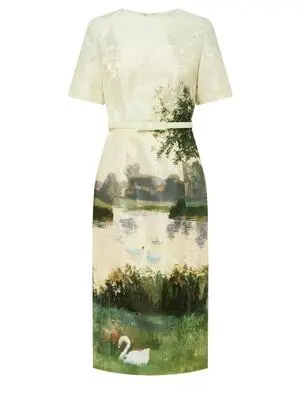 LEO LIN Leo Lin Jacquard Pattern Swan Print Midi Dress Neutrals