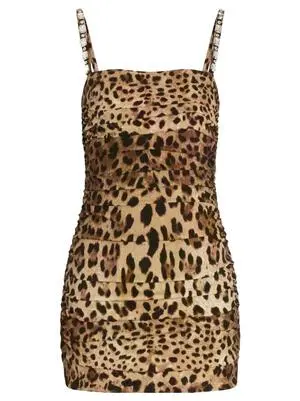 Dolce & Gabbana Leopard Print Charmeuse Dress With Embellished Straps - Neutrals