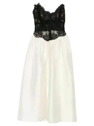 SELF-PORTRAIT Lace Bodice Flared Midi Dress - Neutrals
