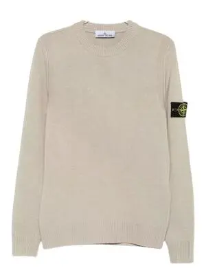 Stone Island Ribbed Knit Crewneck Sweater With Logo Patch - Neutrals