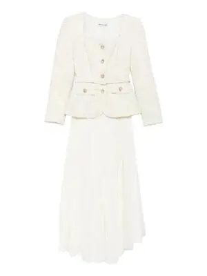 SELF-PORTRAIT Bouclé-knit Pleated Midi Dress - Neutrals