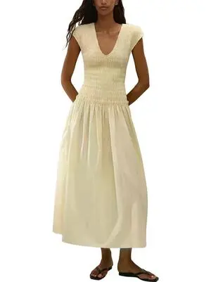 Faithfull The Brand Carmen Shirred V-neck Dress - Neutrals