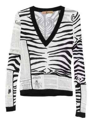 John Galliano 2000s Tiger & Newspaper Print V-neck Sweater - White