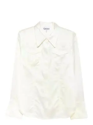 GANNI Satin Finish Button-up Shirt With Flap Pockets - White