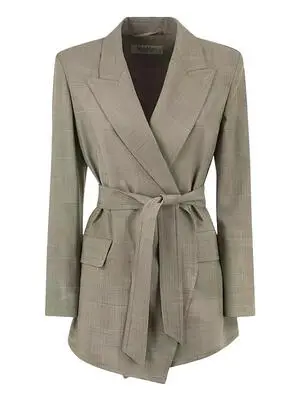 Max Mara Checked Belted Blazer - Grey