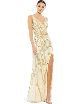 Mac Duggal Embellished Sleeveless V-neck Gown With Thigh-high Slit - Nude