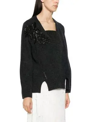 ERMANNO FIRENZE Beaded Embellished V-neck Sweater - Grey