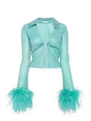 Oseree Lumiere Plumage Slim Shirt With Feather Trim - Blue