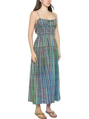 DÔEN Brielle Shirred Plaid Maxi Dress - Blue