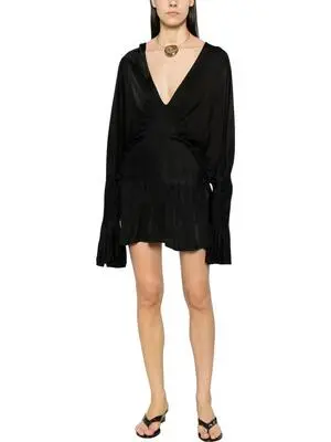 AYA MUSE V-neck Mini Dress With Pleated Skirt And Flared Cuffs - Black