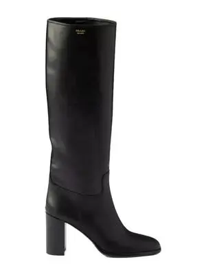 Prada Leather Knee High Block Heel Boots - Black