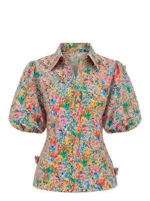 Farm Rio Butterfly Appliqué Floral Print Puff Sleeve Blouse - Neutrals