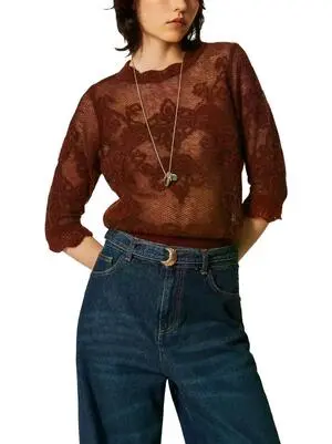 TWINSET Jacquard Alpaca Blend Jumper With Scalloped Edge Brown