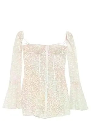 MONTSAND Jaliyah Dress Lace Overlay Bell Sleeve Corset Dress - Neutrals