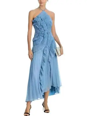 AMUR Lorelei Asymmetrical Pleated Ruffled Halterneck Dress - Blue