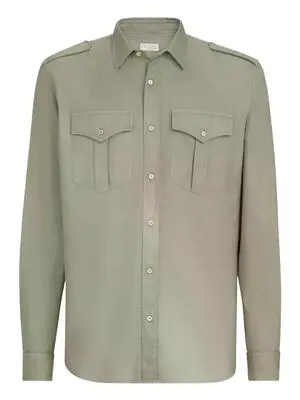 Brunello Cucinelli Garment-dyed Shirt In Cotton Chevron With Spread Collar, Epaulettes And Chest Pockets - Green