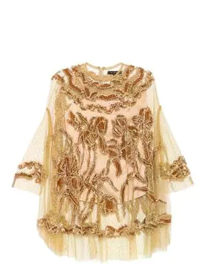 Biyan Embellished Floral Appliqué Sheer Top - Neutrals