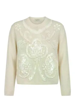 Valentino Garavani Sequin-embellished Floral-patch Crew Neck Sweater - Neutrals
