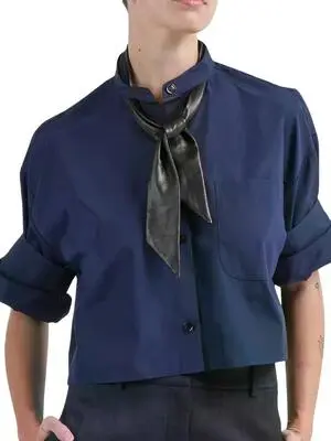 TWP Band Collar Leather-tie Shirt - Blue