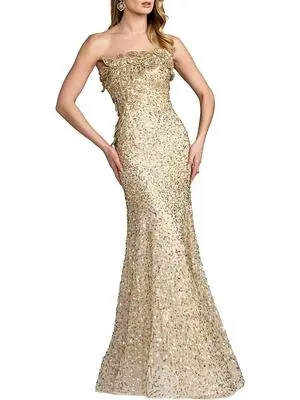 Mac Duggal Strapless Beaded 3d Floral Trumpet Gown - Gold