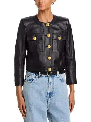 L'Agence Deidra Leather Collarless Jacket - Black