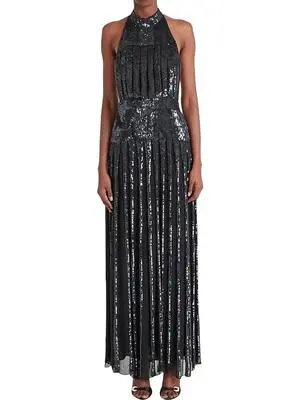 TEMPERLEY LONDON Filigree Sequin Halterneck Maxi Dress - Black