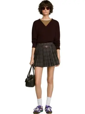 Sandro Checked Pleated Mini Skirt With Leather Detail - Dark Grey
