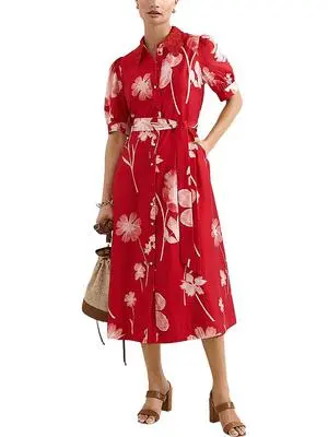 PHASE EIGHT Floral Print Midi Dress With Lace Collar - Red