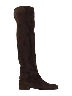 Dolce & Gabbana Dark Suede Knee High Boots With Logo Embellishment - Brown