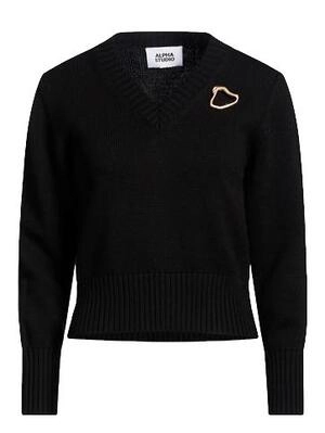 Alpha Studio Merino Wool V-neck Sweater With Brooch Detail - Black