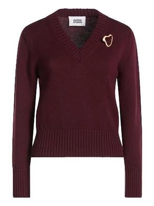 Alpha Studio Merino Wool V-neck Sweater With Brooch Detail - Red