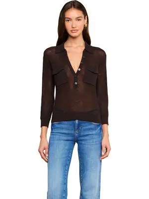 L'Agence Carine Pointelle Knit Polo With Utility Pockets - Coffee Bean