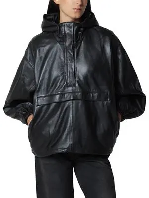 RÓHE Oversized Leather Anorak With Drawstring Hood - Black