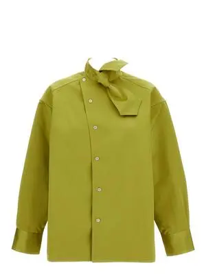 Plan C Duchess Satin Shirt With Asymmetric Scarf Collar - Green