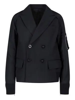 Sacai Double-breasted Twill Blazer With Zipper Accents - Black