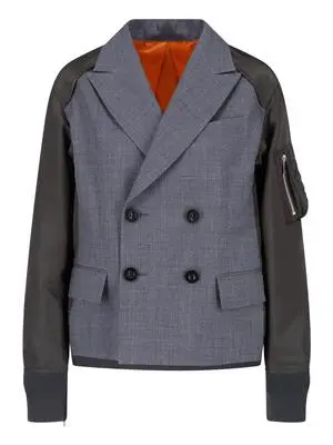 Sacai Double-breasted Twill Blazer With Zipper Accents - Gray