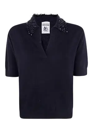 SEMICOUTURE Margy" Polo Shirt With Embellished Collar - Black