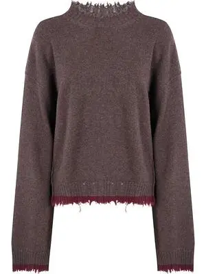UMA WANG Long Sleeve Knit Top With Distressed Hem - Brown
