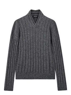 Giorgio Armani Wool Sweater With Shawl Collar And Rib Stitch - Grey
