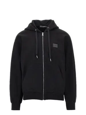 Dolce & Gabbana Cotton Zip-up Hoodie With Leather Logo Plate - Black