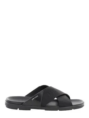 Prada Prada Brushed Leather And Nylon Tape Crisscross Slides Black