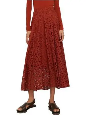 Vince A-line Lace Embroidered Midi Skirt - Red