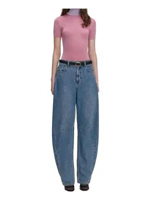 SELF-PORTRAIT High Neck Short Sleeve Knit Top - Pink