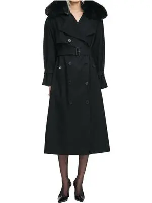 SELF-PORTRAIT Belted Trench Coat With Faux Fur Trim - Black