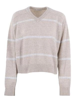 Brunello Cucinelli Striped Sequins Decorative V-neck Sweater - Beige