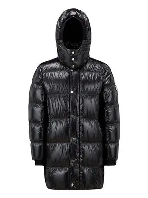 Moncler Pablof Long Down Jacket With Monogram Jacquard Hooded Trim - Black